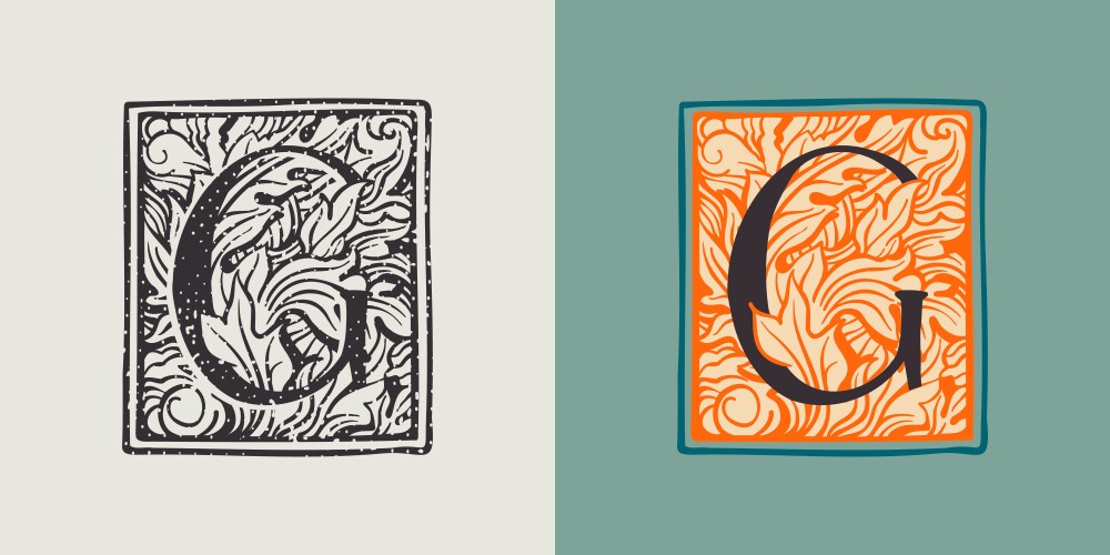 L letter drop cap logo in engraved medieval style Vector Image