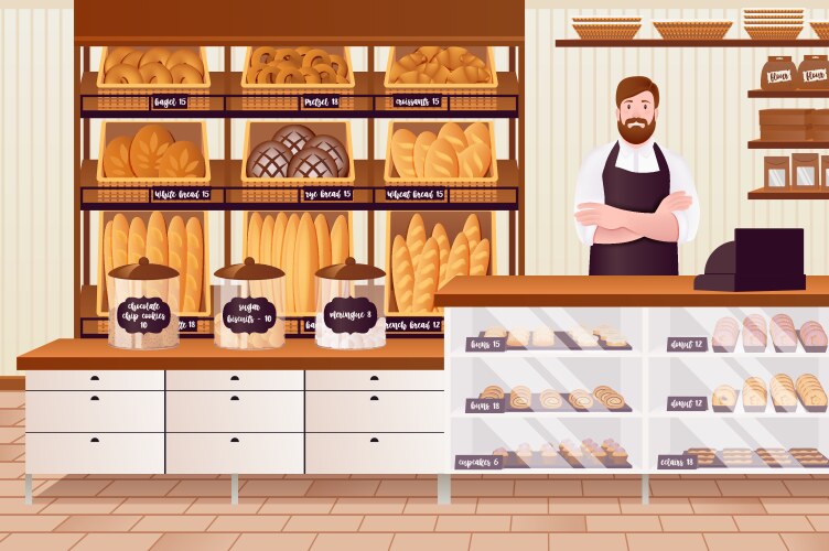 Bakery shop assortment with bread and cakes set Vector Image