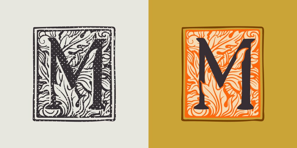 M letter drop cap logo with interlaced vine Vector Image