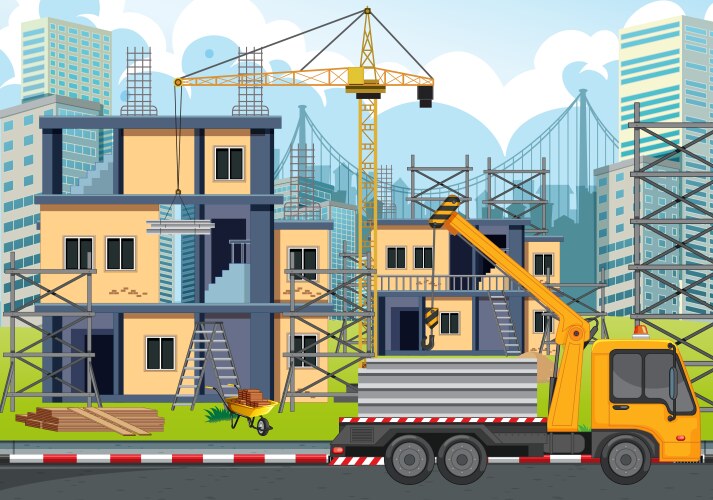 Cartoon scene of building construction site Vector Image