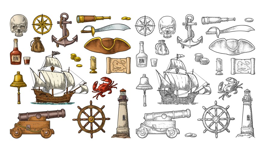 Sea adventures card marine hand drawn Royalty Free Vector