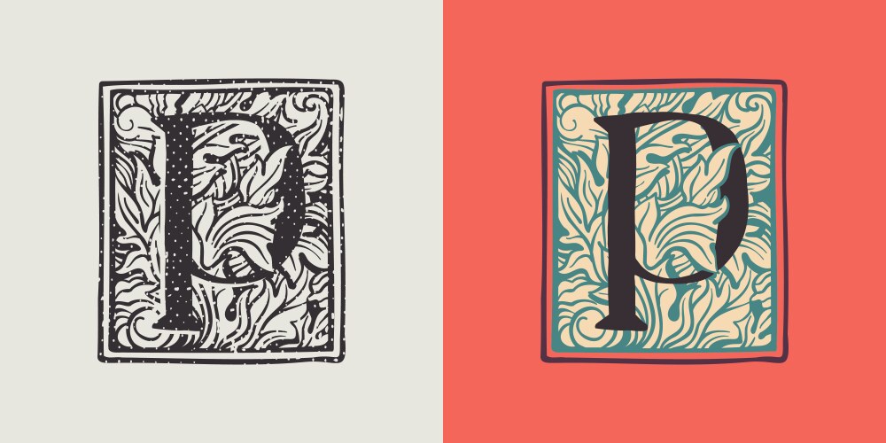 R letter drop cap logo in engraved medieval style Vector Image