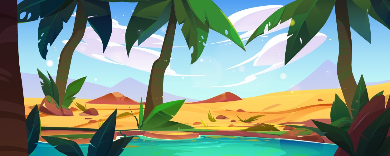 Cartoon desert oasis with lake and palm trees Vector Image