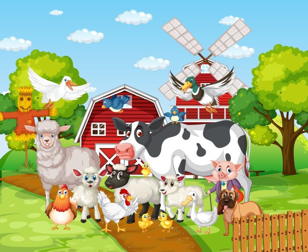 Farm background with happy animals Royalty Free Vector Image