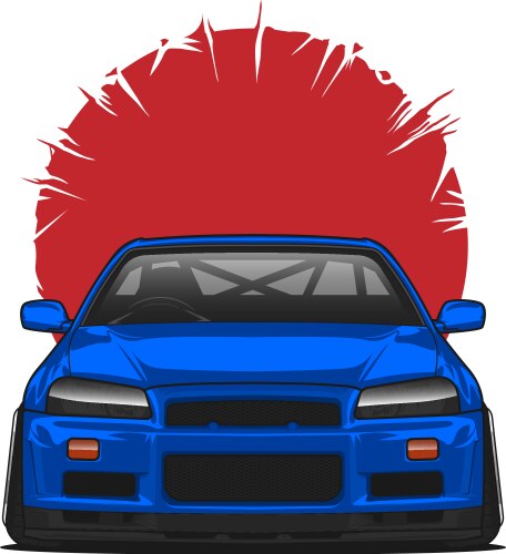 Cartoon japan tuned car on red sun background Vector Image