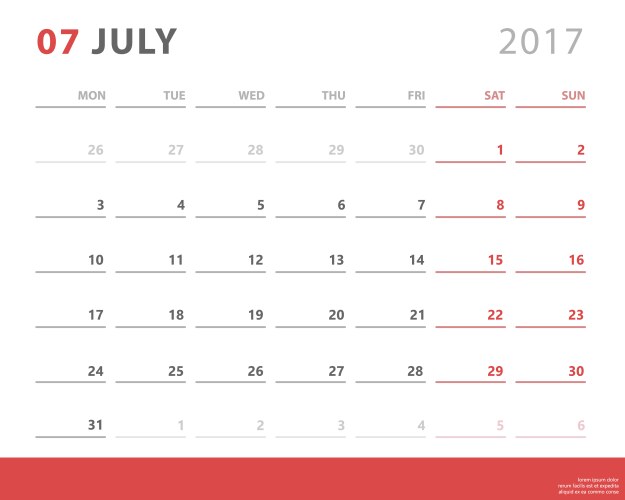 July monthly calendar for 2020 year Royalty Free Vector