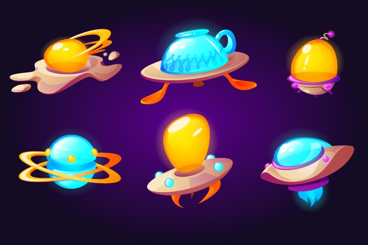 Alien space ships and planets isolated set Vector Image