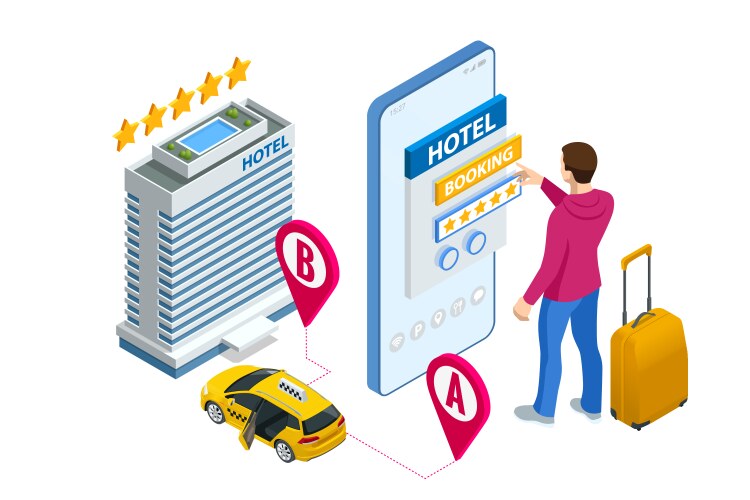 Isometric online hotel booking conceptpeople Vector Image