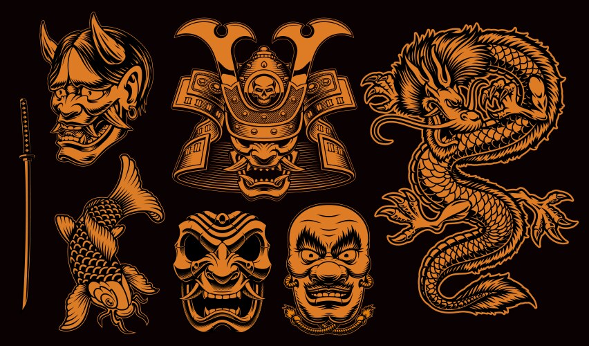 Emblem template with samurai helmet in line style Vector Image