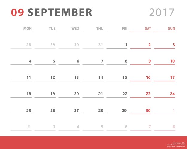Calendar planner 2017 september week starts Vector Image
