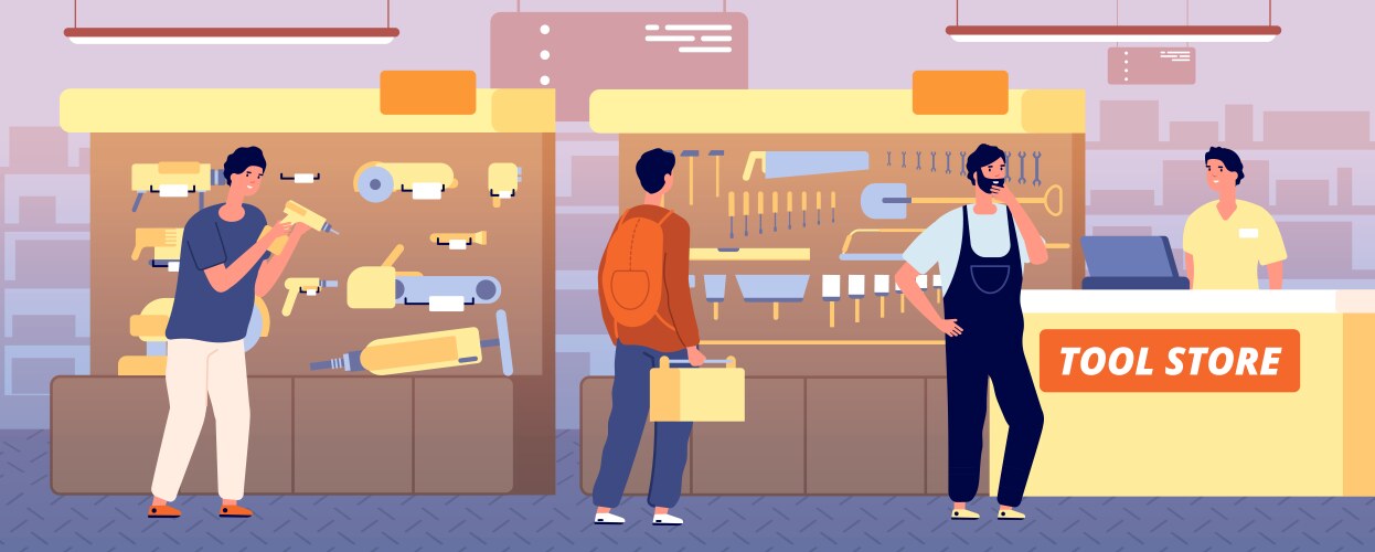 Customers and salesman in construction tool store Vector Image