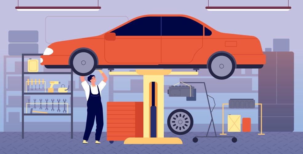 Car repair mechanic shop with automobile inside Vector Image