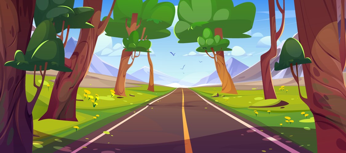 Cartoon of forest scene with dirt road Royalty Free Vector