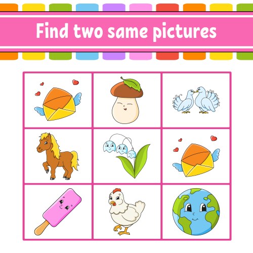 Find two same pictures task for kids education Vector Image