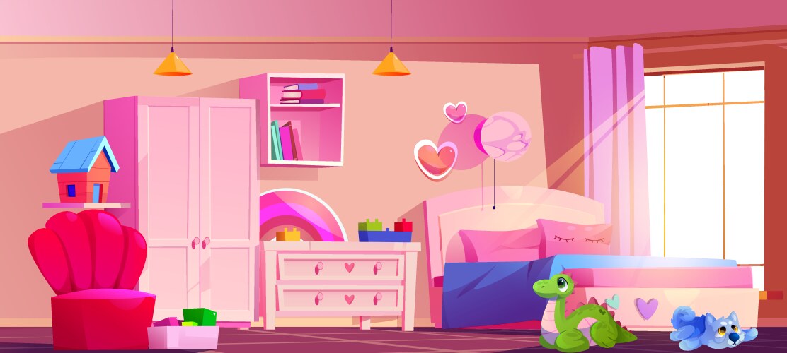 Pink girl bedroom interior cute kid room cartoon Vector Image