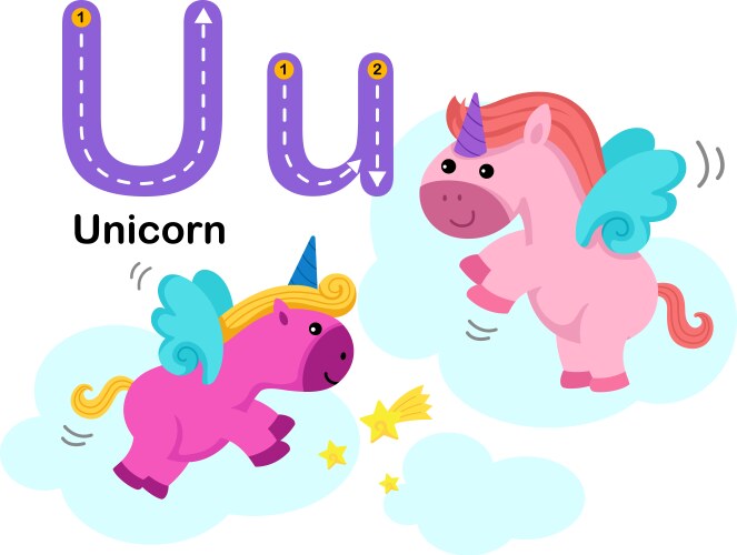 Alphabet letter u-unicorn exercise with cartoon Vector Image
