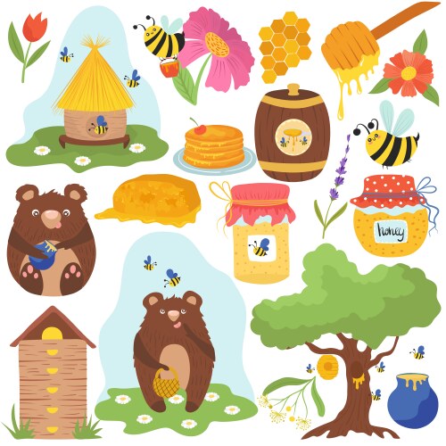 Cute Bear with Honey and Bees – Royalty-Free Vector | VectorStock