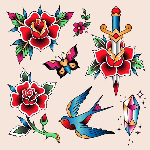 52 hand drawn old school tattoo set Royalty Free Vector