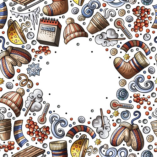 Cartoon doodles winter objects frame card design Vector Image