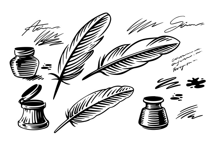Feather in inkwell quill pen and ink bottle Vector Image