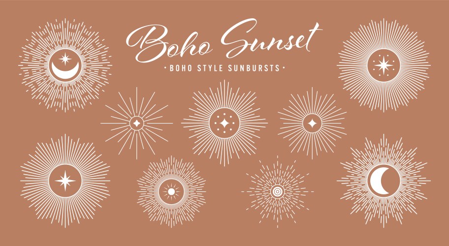 Vintage sunburst sunset beams collection boho Vector Image
