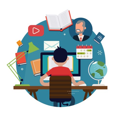 Teacher teaching computer to student boy Vector Image