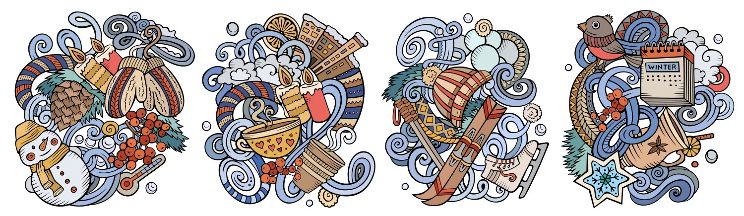 Winter cartoon doodle designs set Royalty Free Vector Image