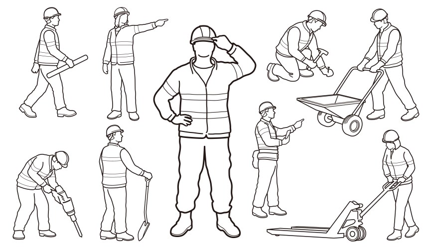 Construction Worker Line Art Set Royalty Free Vector Image