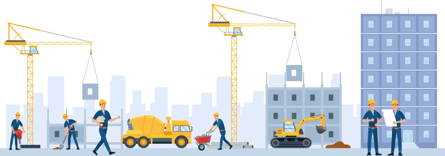 Builders on the construction site building work Vector Image