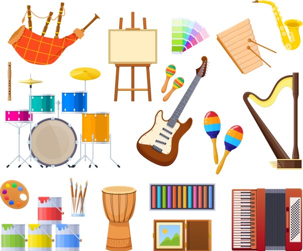 Art supplies artist toolkit with crayons brushes Vector Image