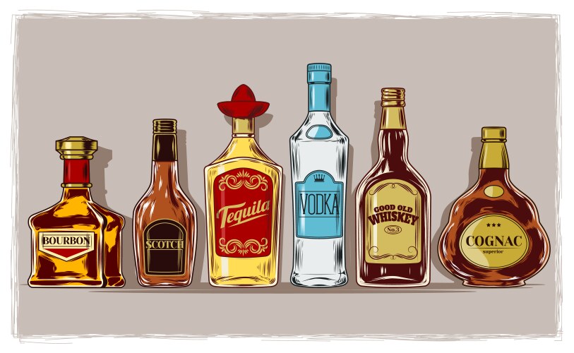 Bottles alcohol distilled beverage Royalty Free Vector Image