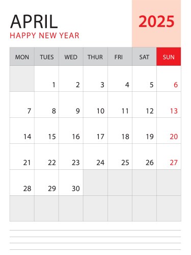 April 2025-calendar 2025 template Royalty Free Vector Image