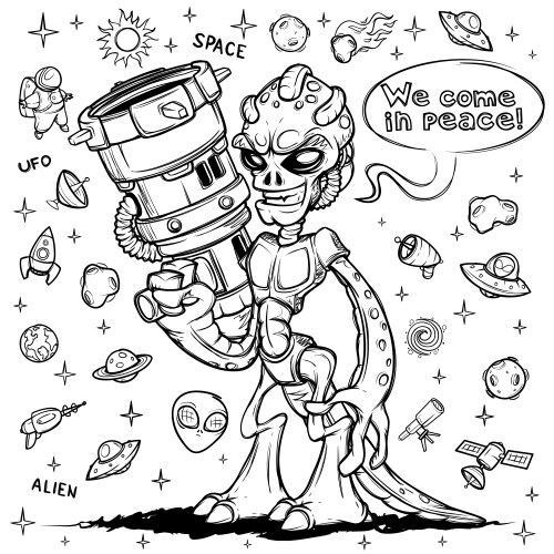 Hand drawn ink cartoon alien space set Royalty Free Vector