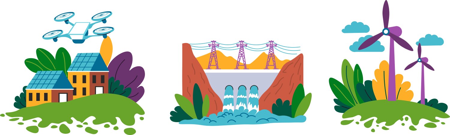 Wind energy plantations windmills and plants set Vector Image