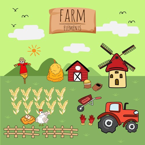 Hand drawn doodle set of farm elements Royalty Free Vector