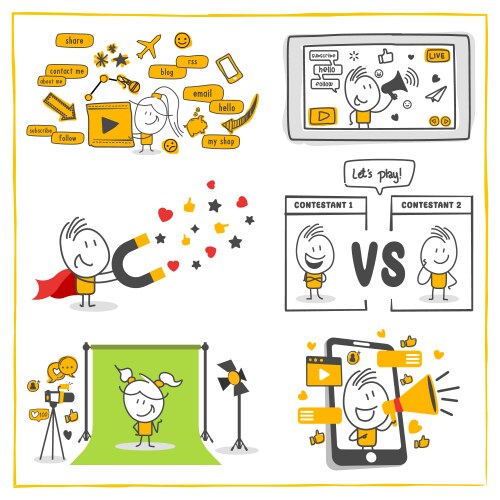 Stick figures social media hand drawn doodle line Vector Image