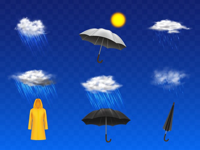 Realistic weather icons on transparent Royalty Free Vector