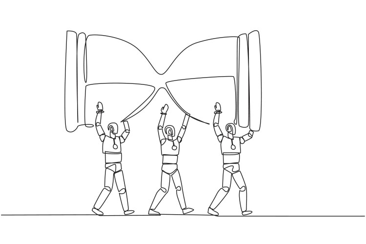 Single one line drawing a group of robots work Vector Image