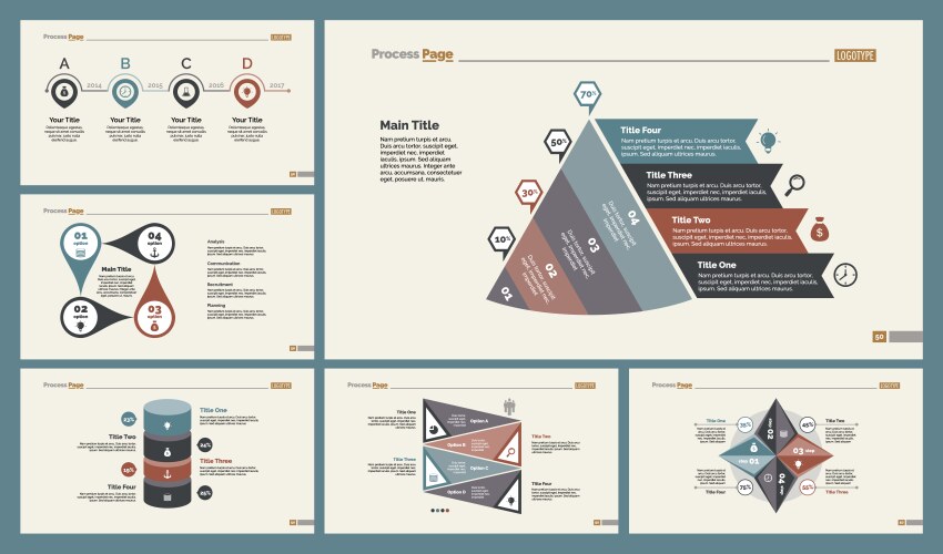 Six production charts slide templates set Vector Image