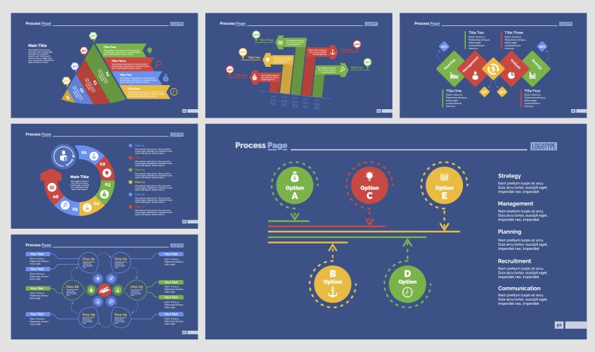 Six production charts slide templates set Vector Image