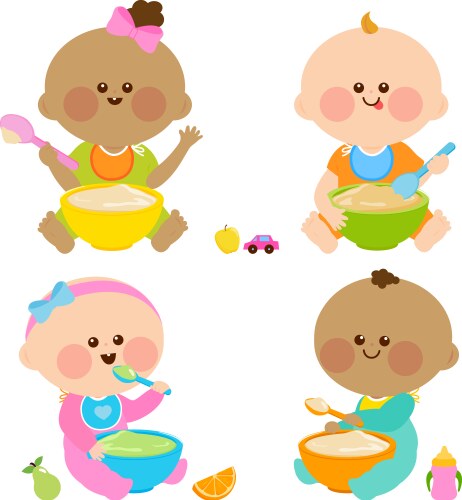 Cute babies eating baby food in bowls Royalty Free Vector
