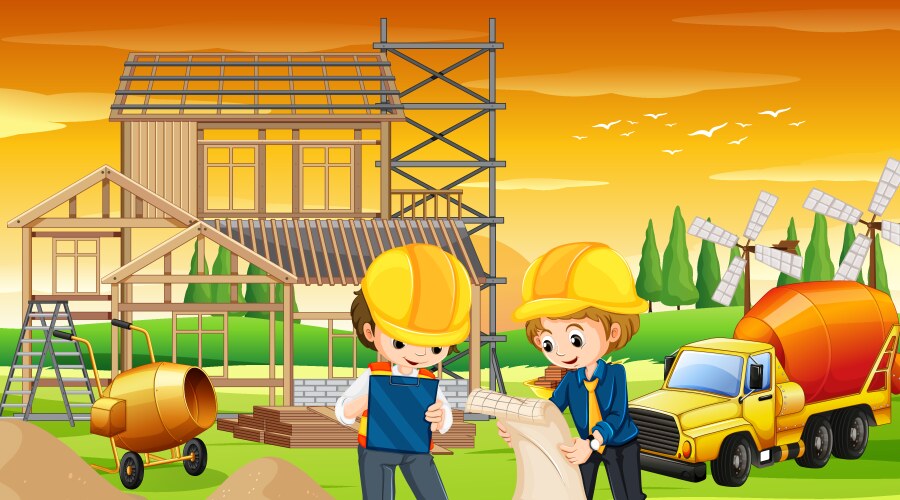 Cartoon scene of building construction site Vector Image