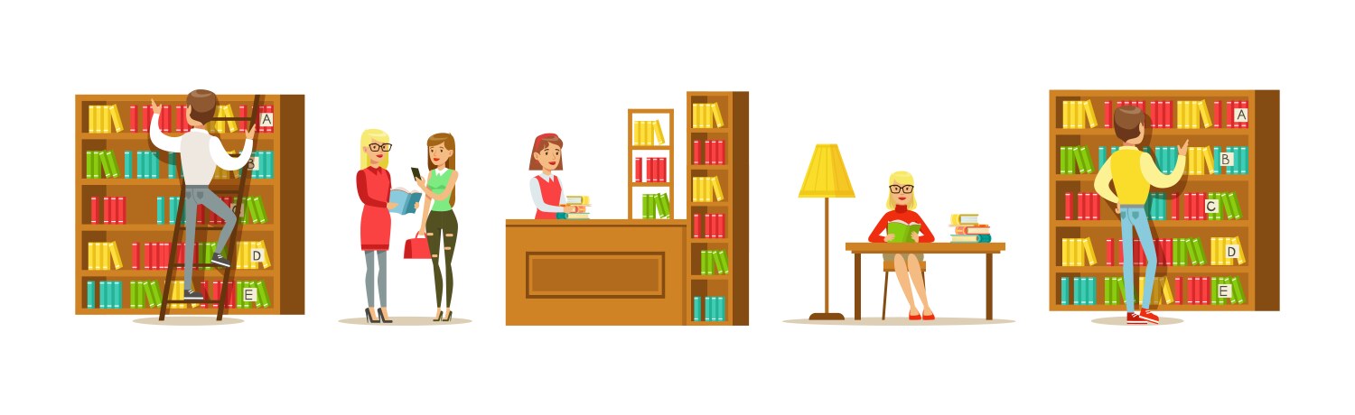 People character at library and bookstore Vector Image