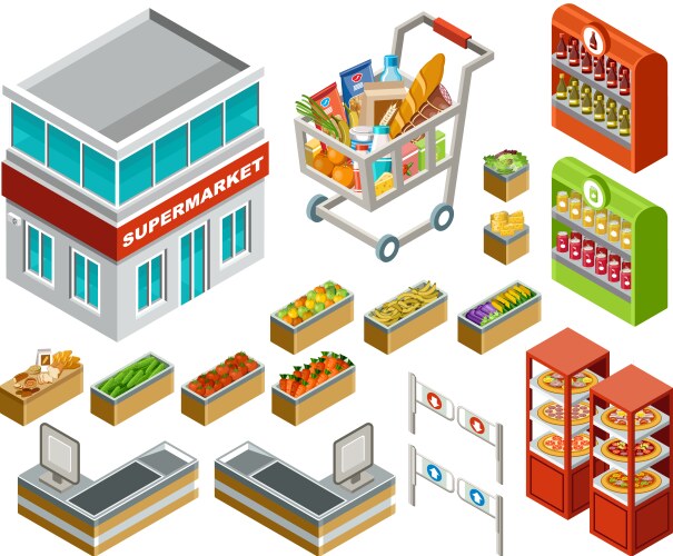 Supermarket interior with products big store Vector Image