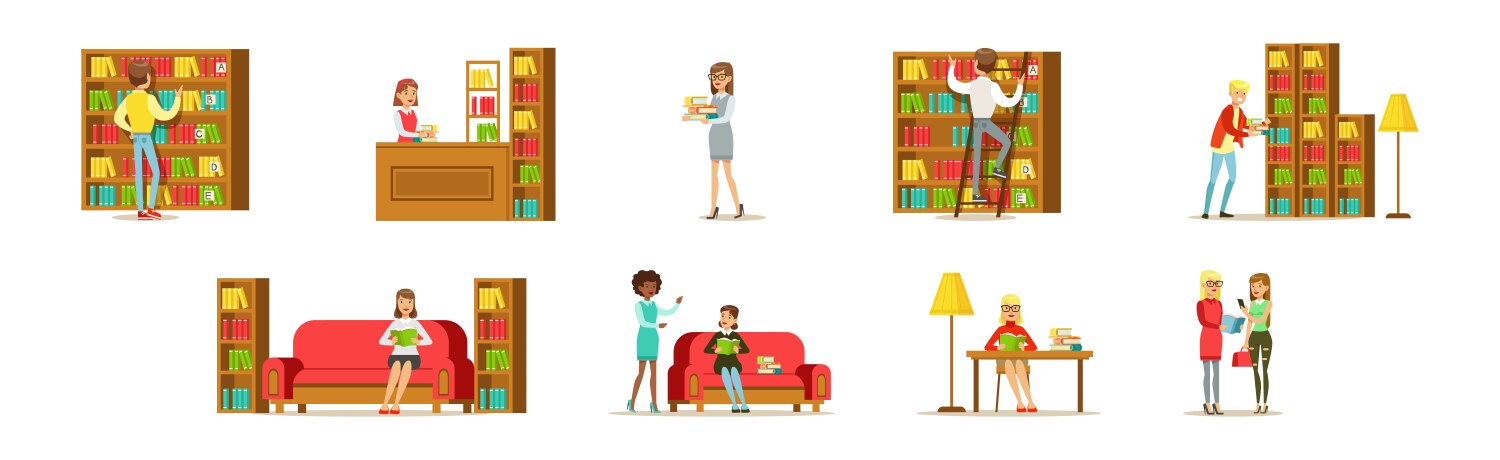 People character at library and bookstore Vector Image