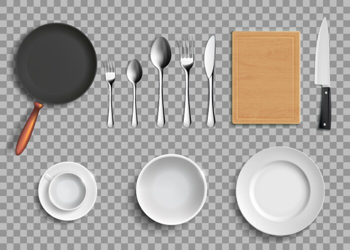 Set of colour dishes placed on transparent Vector Image