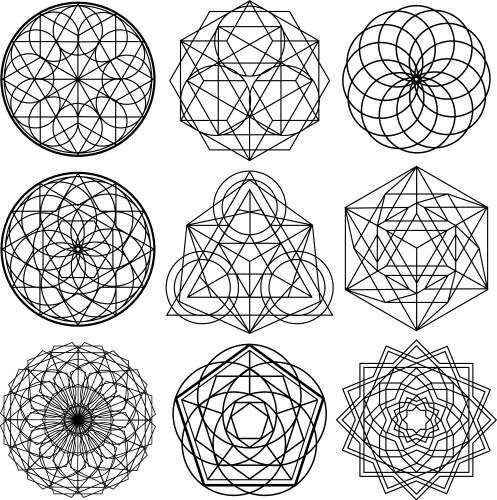 Set of seven chakra symbols with names Royalty Free Vector