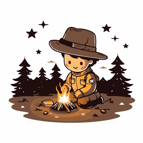 Boy scout sitting on the ground and reading Vector Image