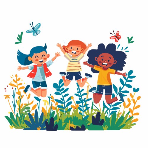 Three happy children jumping joyfully colorful Vector Image