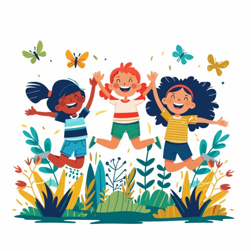 Three happy children jumping colorful meadow Vector Image